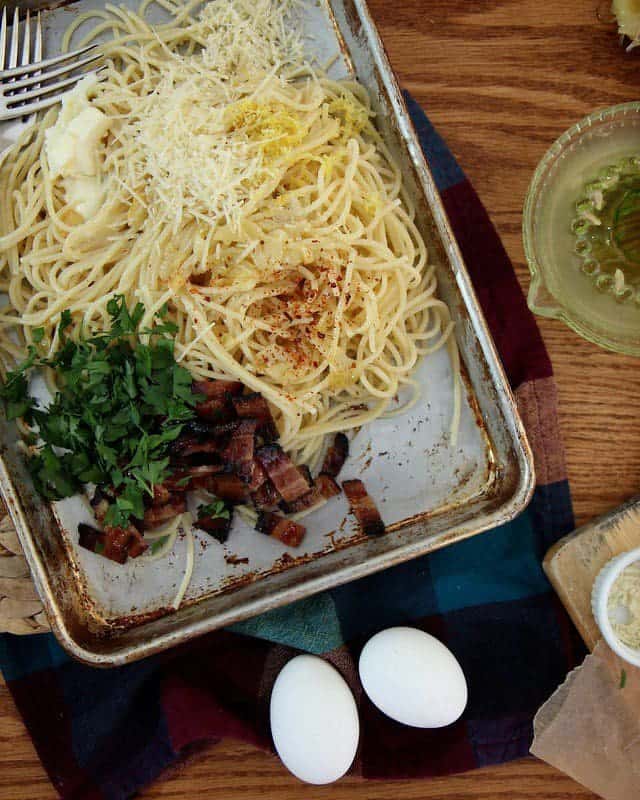 Breakfast Pasta with Bacon and Poached Eggs - Joy the Baker