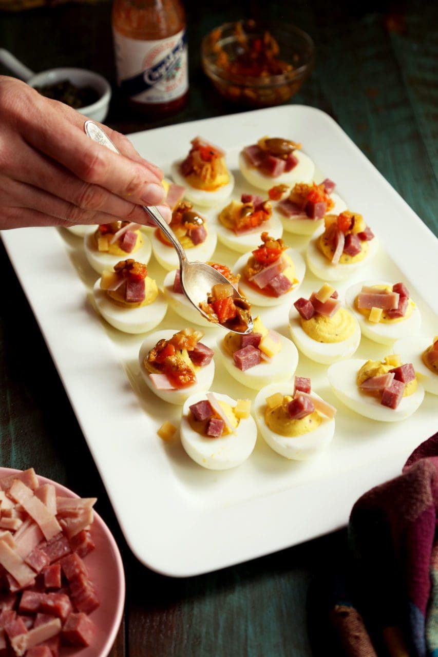 Muffuletta Deviled Eggs - Joy the Baker