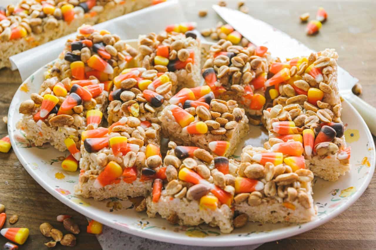 Candy Corn and Salted Peanut Rice Krispie Treats - Joy the Baker